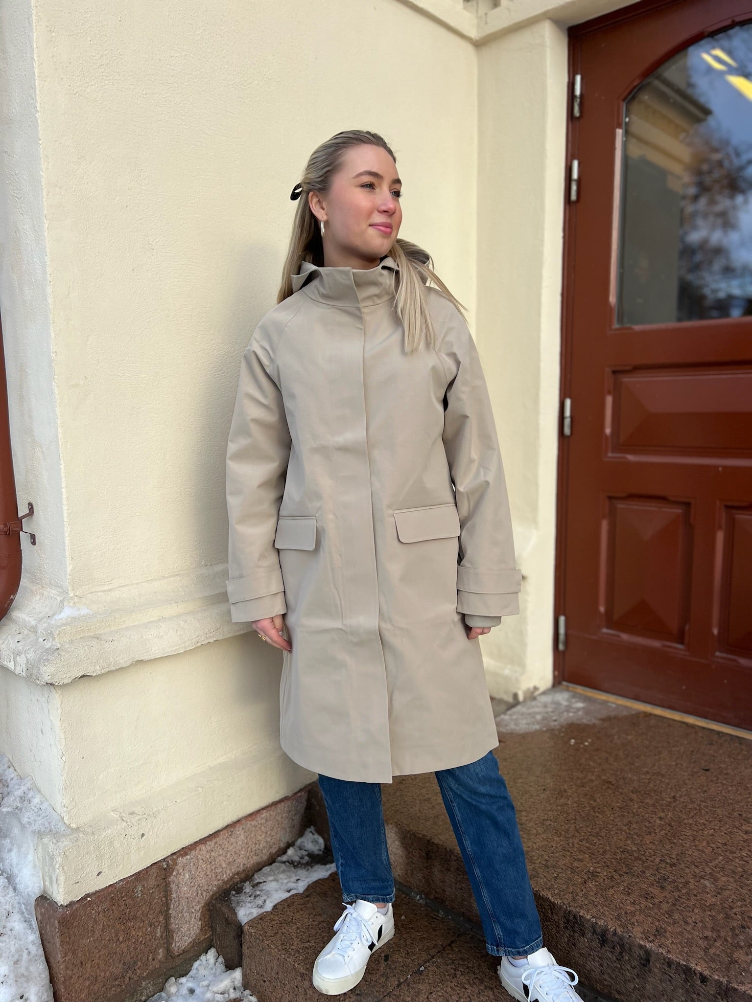 Malan Hood Raincoat Trench Coat – hvit tråd