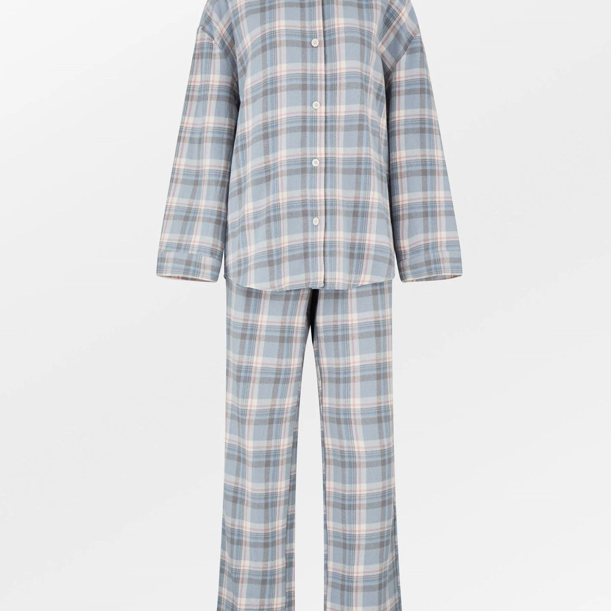 Flannel Pyjamas Set Dusty Blue – hvit tråd